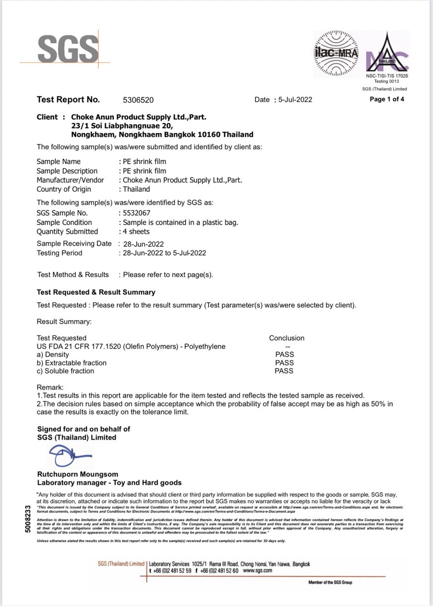 SGS ผลทดสอบจากแลป - Chokeanun2565 บริษัท โชคอนันต์2565 อินดัสทรี โปรดักส์ จำกัด